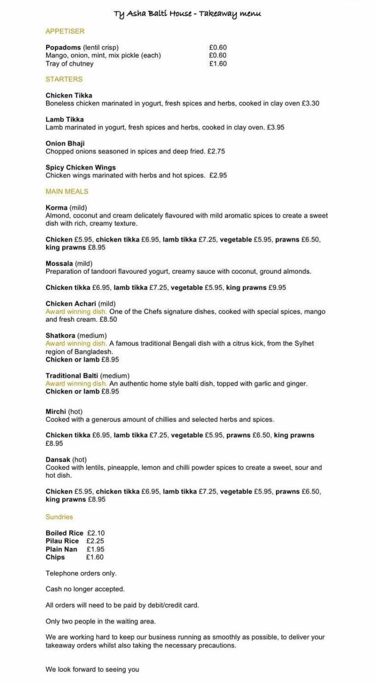 Take-away Service Re-open from 2nd April 2020 – Asha Balti House